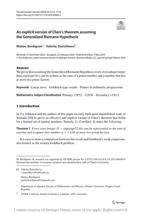 An Explicit Version Of Chens Theorem Assuming The Generalized Riemann Hypothesis Request Pdf