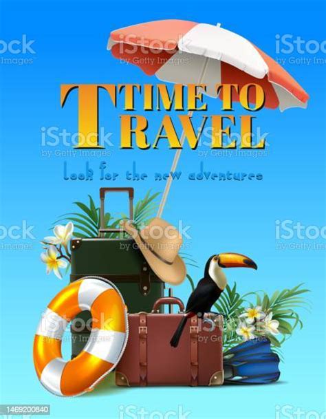 여름 세일 배너 템플릿입니다 모래 섬에 수하물 우산 모자 라이프 서클 지도 카메라가 있는 수직 방향 여행 관광 개념입니다 3차원 형태에 대한 스톡 벡터 아트 및 기타 이미지