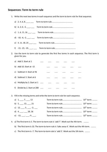 sequences term to term rule with answers teaching resources