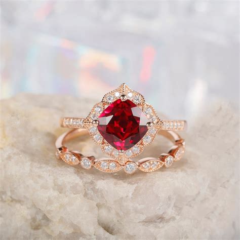 Cushion Cut Ruby Engagement Ring Set Vintage 14k Rose Gold Ruby And Diamond Halo Bridal Set