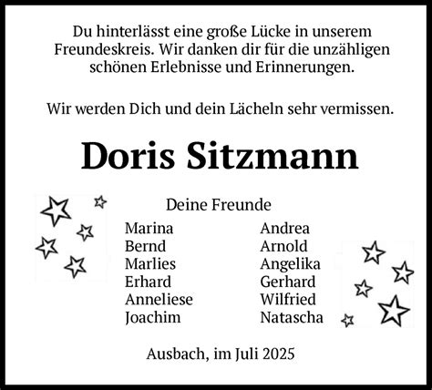 Traueranzeigen Von Doris Sitzmann Trauer Hersfelder Zeitung De