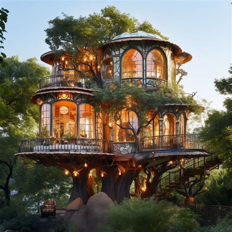 Lit Up Tree House At Night