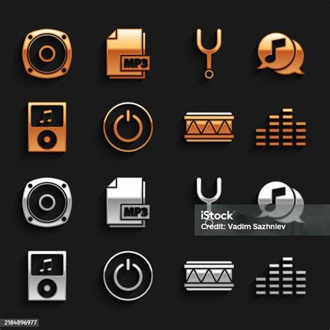 전원 버튼 말풍선의 음표 이퀄라이저 드럼 플레이어 소리굽쇠 스테레오 스피커 및 Mp3 파일 문서 아이콘을 설정합니다 벡터 Mp3 플레이어에 대한 스톡 벡터 아트 및 기타
