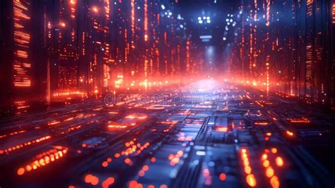 Abstract Digital Cityscape With Glowing Red And Blue Lights Representing Technology And Data