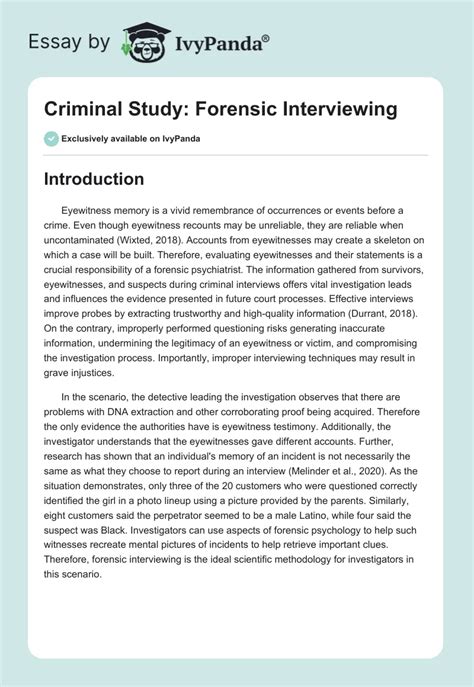 Criminal Study Forensic Interviewing 1213 Words Essay Example Criminal Study Forensic Interviewing 1213 Words Essay Example