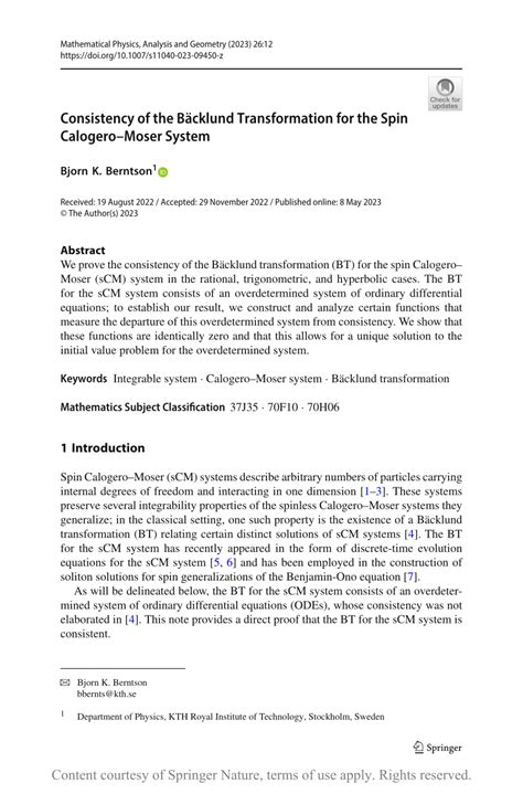 Pdf Consistency Of The Bäcklund Transformation For The Spin Calogeromoser System