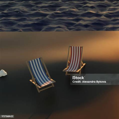 풍경 여름 휴가 휴가 여행 바다 바다 해변 배경 배너 파노라마 나무 일광욕 의자 모래 위의 라운지 의자 푸른 하늘과 일몰 3d 그림 연금에 대한 스톡 사진 및 기타 이미지