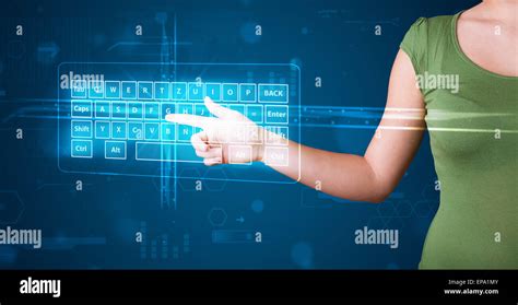 Girl Pressing Virtual Type Of Keyboard Stock Photo Alamy