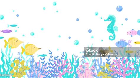 아이들의 귀여운 배경입니다 물결 모양의 해초 산호초 다양한 물고기 해마 물방울 0명에 대한 스톡 벡터 아트 및 기타 이미지 0명 경관 기포 Istock