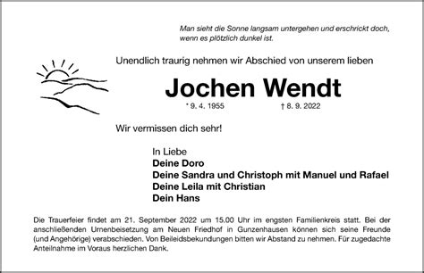 Traueranzeigen Von Jochen Wendt Trauernnde