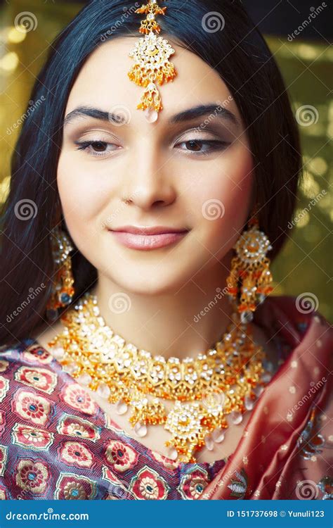 Beauty Sweet Real Indian Girl In Sari Smiling Cheerful Jewelry Shining
