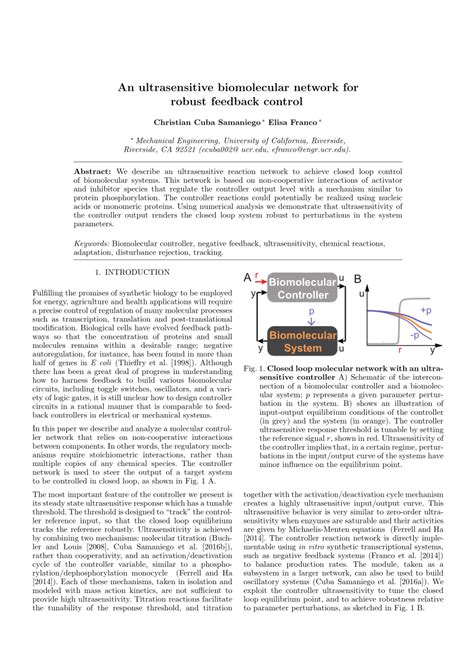 Pdf An Ultrasensitive Biomolecular Network For Robust Feedback Control