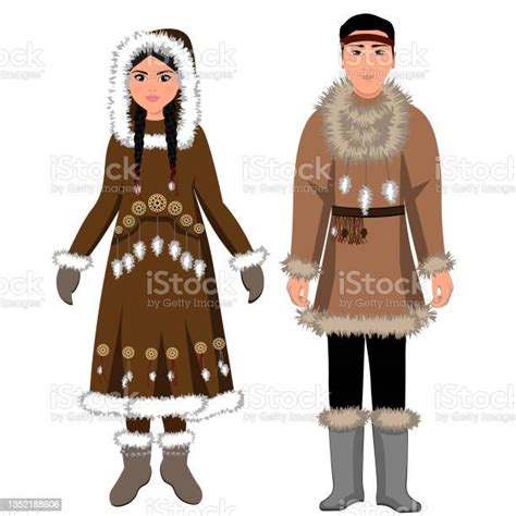 민속 국가 추코트카 의상을 입은 여성과 남자 벡터 일러스트레이션 갈색 머리에 대한 스톡 벡터 아트 및 기타 이미지 갈색 머리