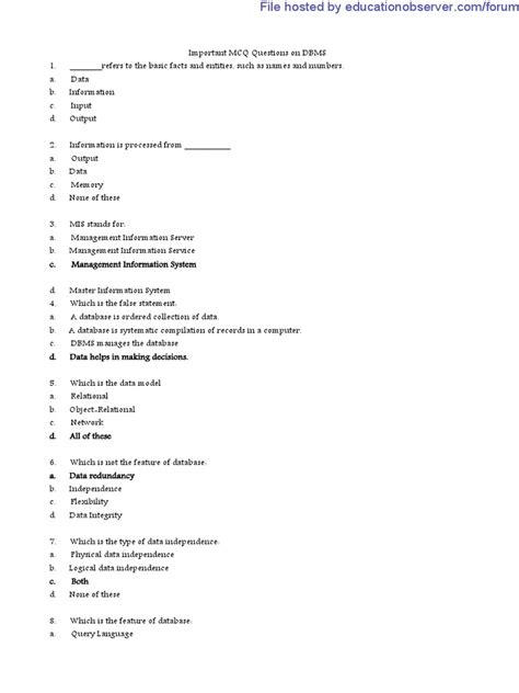 Dbms Mcq Question Bank Pdf Download Free Pdf Databases Sql