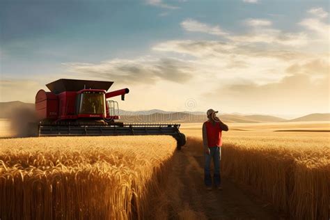 Farmer And Agricultural Tractor In The Field Neural Network Ai Generated Stock Illustration
