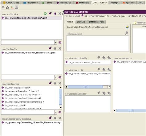 The OWL S Editor a tab widget plugin for Protégé is shown here next to Download Scientific