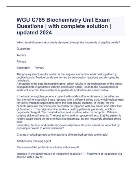 WGU C785 Biochemistry Unit Exam Questions With Complete Solution Updated 2024 WGU C785