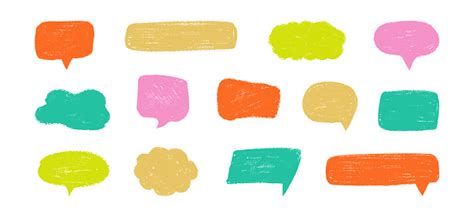 손으로 그리기 크레용 음성 프레임 텍스트에 대 한 설정 말풍선 낙서 스타일의 분필 요소 색깔 연필 풍선 모양 구름의 아이 선 고립된 벡터 그림입니다 0명에 대한 스톡 벡터