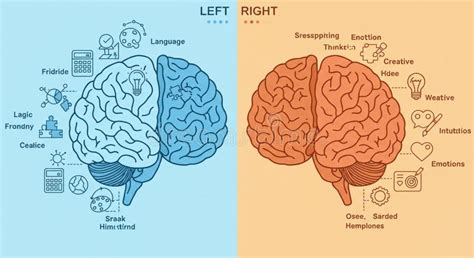 Illustration Showing A Brain Divided Into Two Halves Labeled Left And Right On Blue Stock