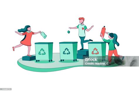 쓰레기 선별 개념 쓰레기통에 쓰레기를 던지는 아이들 생태 벡터 평면 일러스트레이션 만화 어린이 청소 쓰레기 쓰레기통으로 재활용