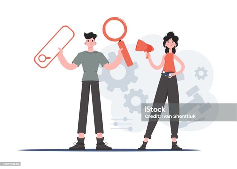 한 남자와 한 여자가 확성기로 완전히 성장하고 있습니다 인적 자원 프리젠 테이션 사이트를위한 요소 개념에 대한 스톡 벡터 아트 및 기타 이미지 Istock