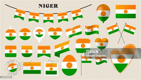 니제르 국기 세트 심장 방패 부활절 달걀 위치 원 소인 그런 지 광장 원형 및 직사각형 벡터 일러스트 레이 션과 같은 다양한 모양의 다양한 국기 컬렉션 0명에 대한 스톡