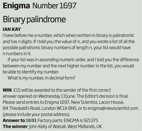 Enigma 1697 Binary Palindrome Enigmatic Code