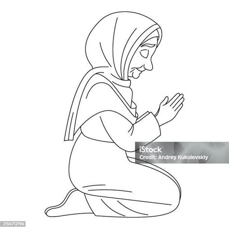 무릎을 꿇고 기도하는 할머니 손으로 그린 라인 아트 벡터 일러스트 레이 션 흰색 배경 교회에 대한 스톡 벡터 아트 및 기타 이미지 교회 기도하기 기독교 Istock