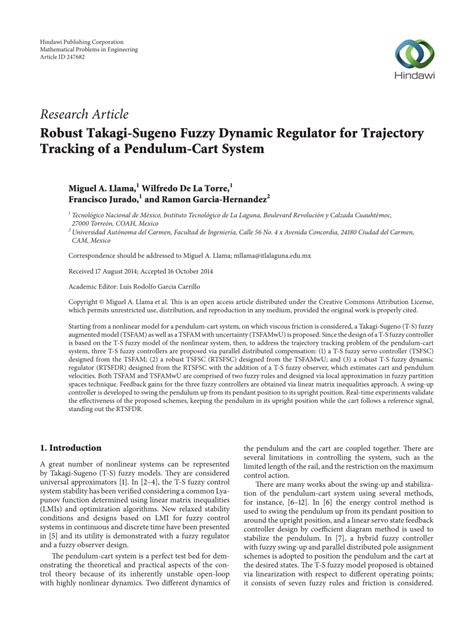 Pdf Robust Takagi Sugeno Fuzzy Dynamic Regulator For Trajectory Tracking Of A Pendulum Cart System