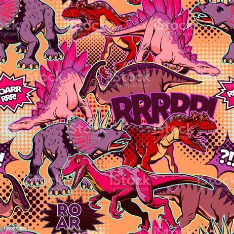 인쇄와 디자인을위한 팝 아트 스타일의 공룡의 여러 가지 색상의 패턴 벡터 일러스트레이션 트리케라톱스속에 대한 스톡 벡터 아트 및 기타 이미지 트리케라톱스속 고생물학