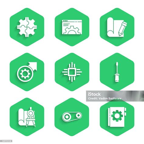 미세 회로 Cpu 타이밍 벨트 키트 사용 설명서 드라이버 그래프 용지 및 나침반 기어 화살표 워크플로 프로세스 연필 및 아이콘이