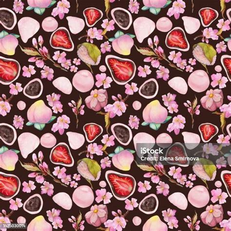 손으로 그린 일본 전통 과자가 있는 수채화 매끄러운 패턴 와가시 떡 벚꽃 컬러 배경에 격리 초대장 레스토랑 메뉴 인사말 카드 인쇄 섬유 0명에 대한 스톡 벡터 아트 및 기타