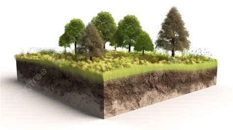 나무와 흙이 있는 땅을 보여주는 이미지 토양 조각의 3d 일러스트 고립 된 흰색 배경에 고립 된 나무와 녹색 초원 고화질 사진 사진 배경 일러스트 및 사진 무료