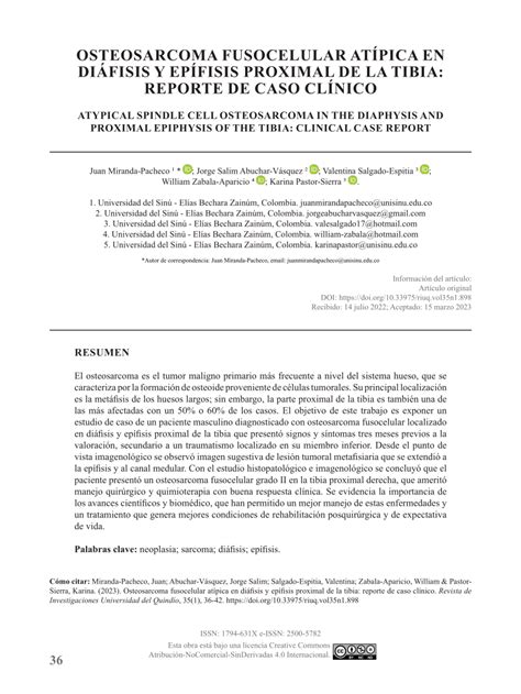 Pdf Osteosarcoma Fusocelular Atípica En Diáfisis Y Epífisis Proximal