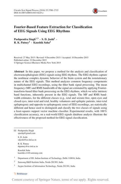 Fourier Based Feature Extraction For Classification Of Eeg Signals Using Eeg Rhythms Request Pdf