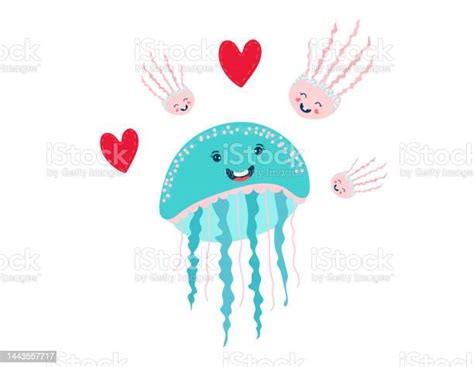 귀여운 만화 스타일의 재미있는 바다 해파리 세트 메두사와 빨간 마음 디자인 평면 벡터 일러스트 흰색에 고립 귀여운에 대한 스톡 벡터 아트 및 기타 이미지 Istock