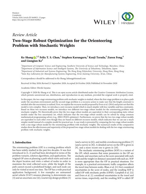 Pdf Two Stage Robust Optimization For The Orienteering Problem With