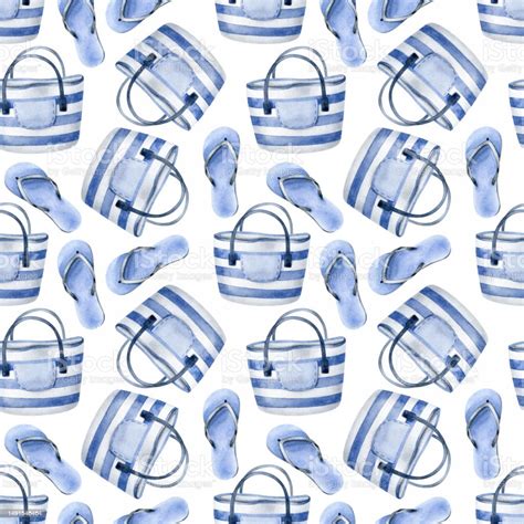 비치 블루 플립플롭과 비치 백 스트라이프 흰색 배경에 수채화 원활한 패턴입니다 여름 카드 만들기 포장지 벽지 직물 엽서 디자인