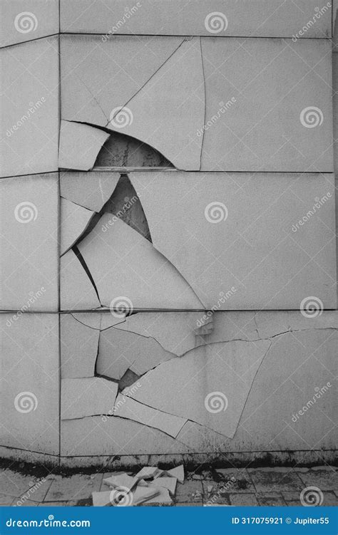 Cracked Tile Broken Tile On The Wall An Old Chipped Grey White Tiled Wall Stock Image