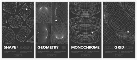 기하학적 모양의 이상한 와이어 프레임이있는 컬렉션 벡터 포스터 잔인함 추상 3d 구체 및 그리드 세트 7에서 영감을 얻은 현대적인 디자인 Brutalism에 대한 스톡 벡터