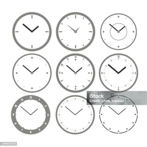 벽 시계 세트입니다 벡터 시계 아이콘입니다 게임 및 장면에 대한 내부를 만들기 위한 벡터 그림입니다 다른 각도에서 디자인에 대한 모형 흰색 배경에 격리 0명에 대한 스톡