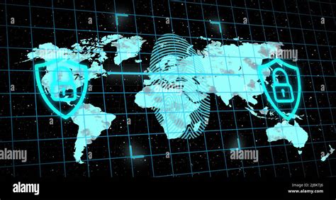 Security Padlock Icon And Biometric Fingerprint Scanner Over Grid Network Against World Map