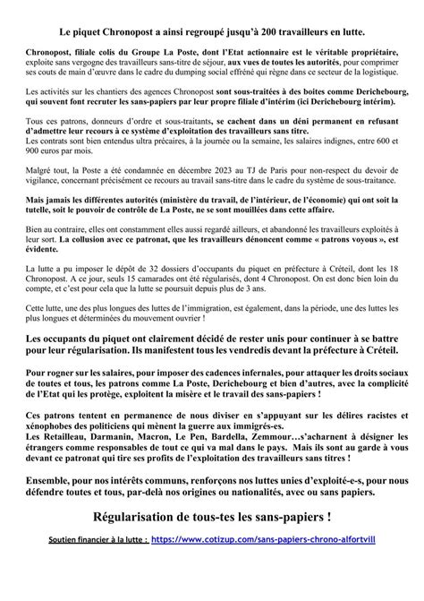 Les Travailleurs Sans Papiers De Chronopost Alfortville Et Leurs Soutiens Sont En Lutte Depuis