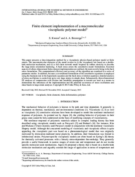 Pdf Finite Element Implementation Of A Macromolecular Viscoplastic