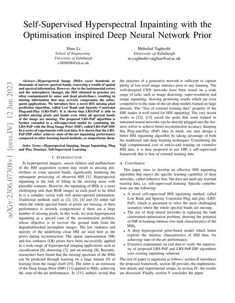PDF Self Supervised Hyperspectral Inpainting With The Optimisation