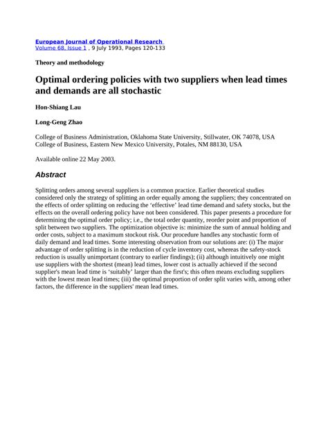 Pdf Optimal Ordering Policies With Two Suppliers When Lead Times And Demands Are All Stochastic