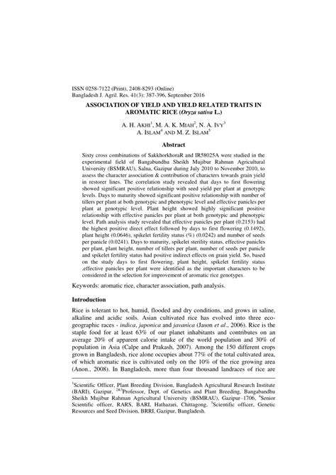 Pdf Association Of Yield And Yield Related Traits In Aromatic Rice