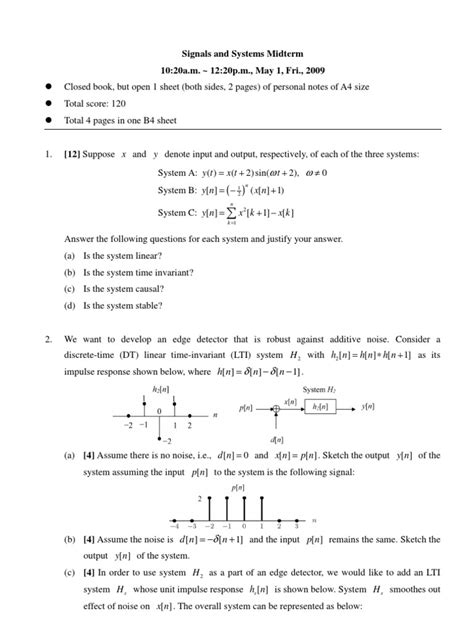 signals and systems midterm 10 20a m 12 20p m may 1 fri 2009