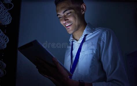Man Tablet Engineering And Server Room Or Data Center Management