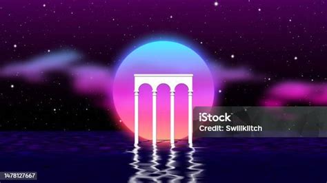 초현실적 인 바다에 하얀 기둥의 콜로 네이드가있는 미적 풍경 90년대 또는 80년대 스타일의 증기파 배경과 보라색 일몰 0명에 대한 스톡 벡터 아트 및 기타 이미지 Istock